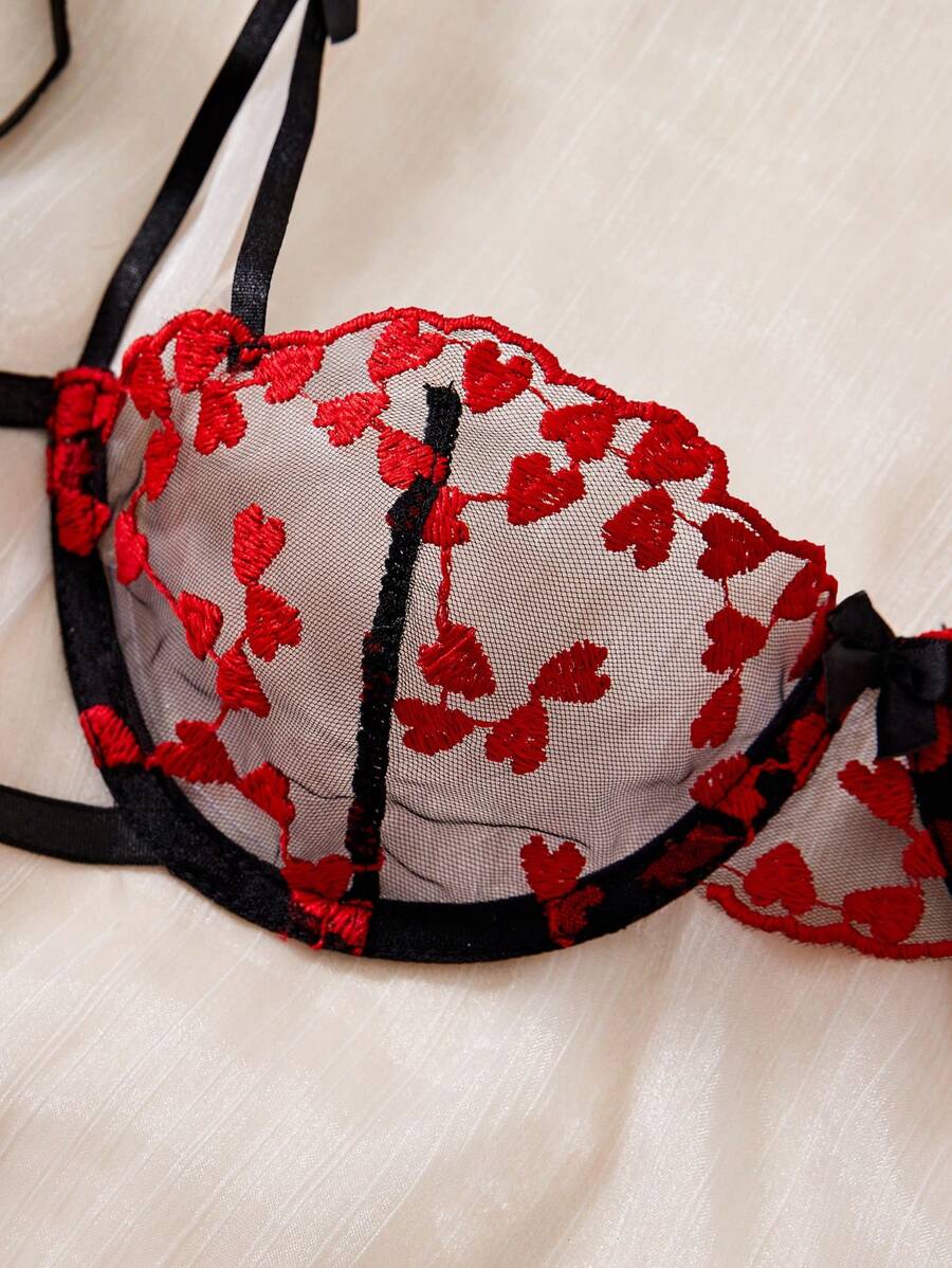 2pcs/Set Sexy Women Lingerie Set, Heart Embroidery Sheer Bra & Panty ...