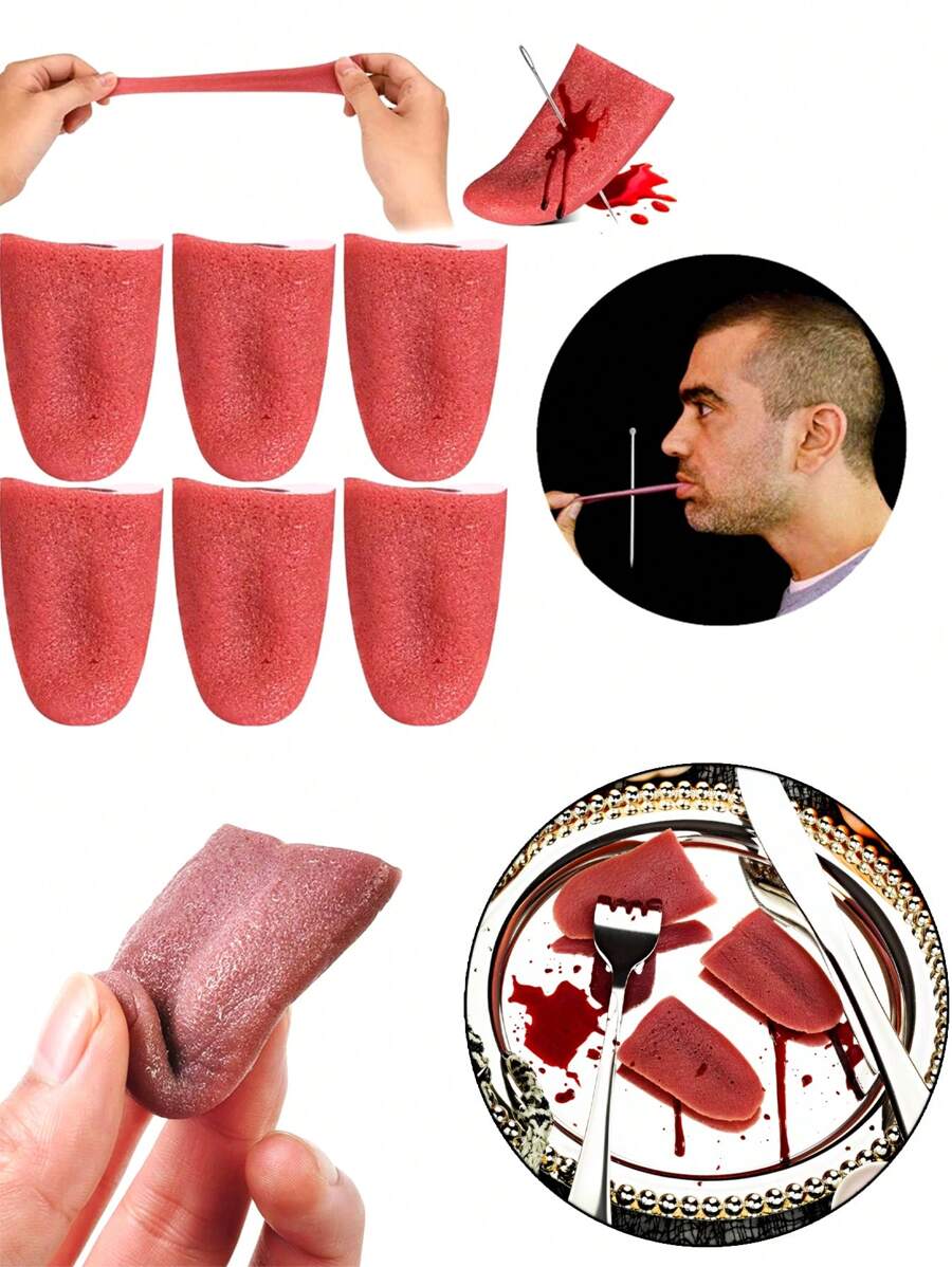 6pcs Realistic Tongue-Shaped Magic Props, Fake Steel Needle Tongue Piercing Drinking Trick Props ...