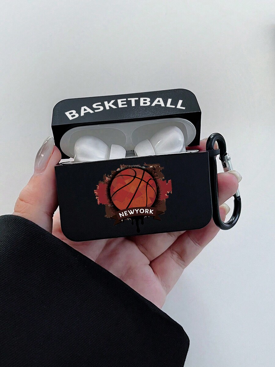 1pc Basketball Letter Printed Black Square Airpods Case With Hook ...