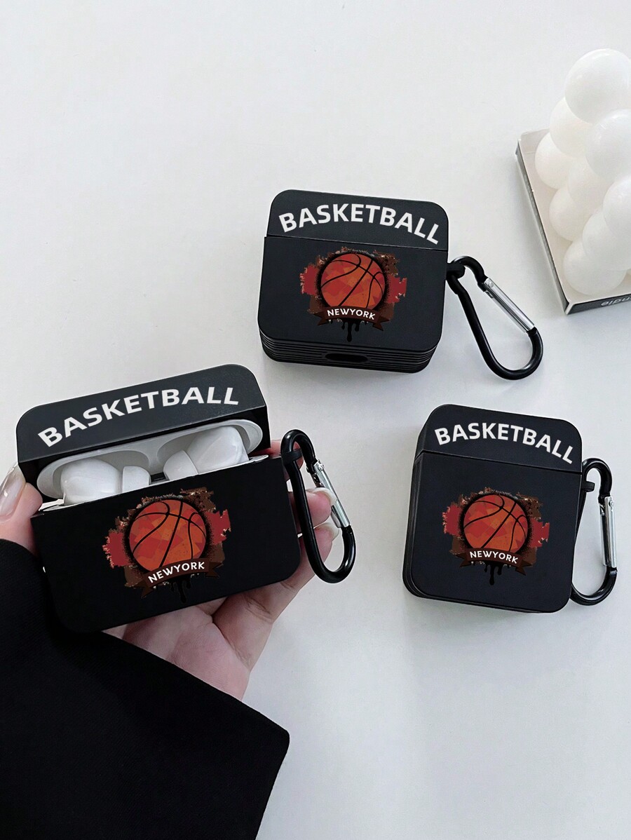 1pc Basketball Letter Printed Black Square Airpods Case With Hook ...