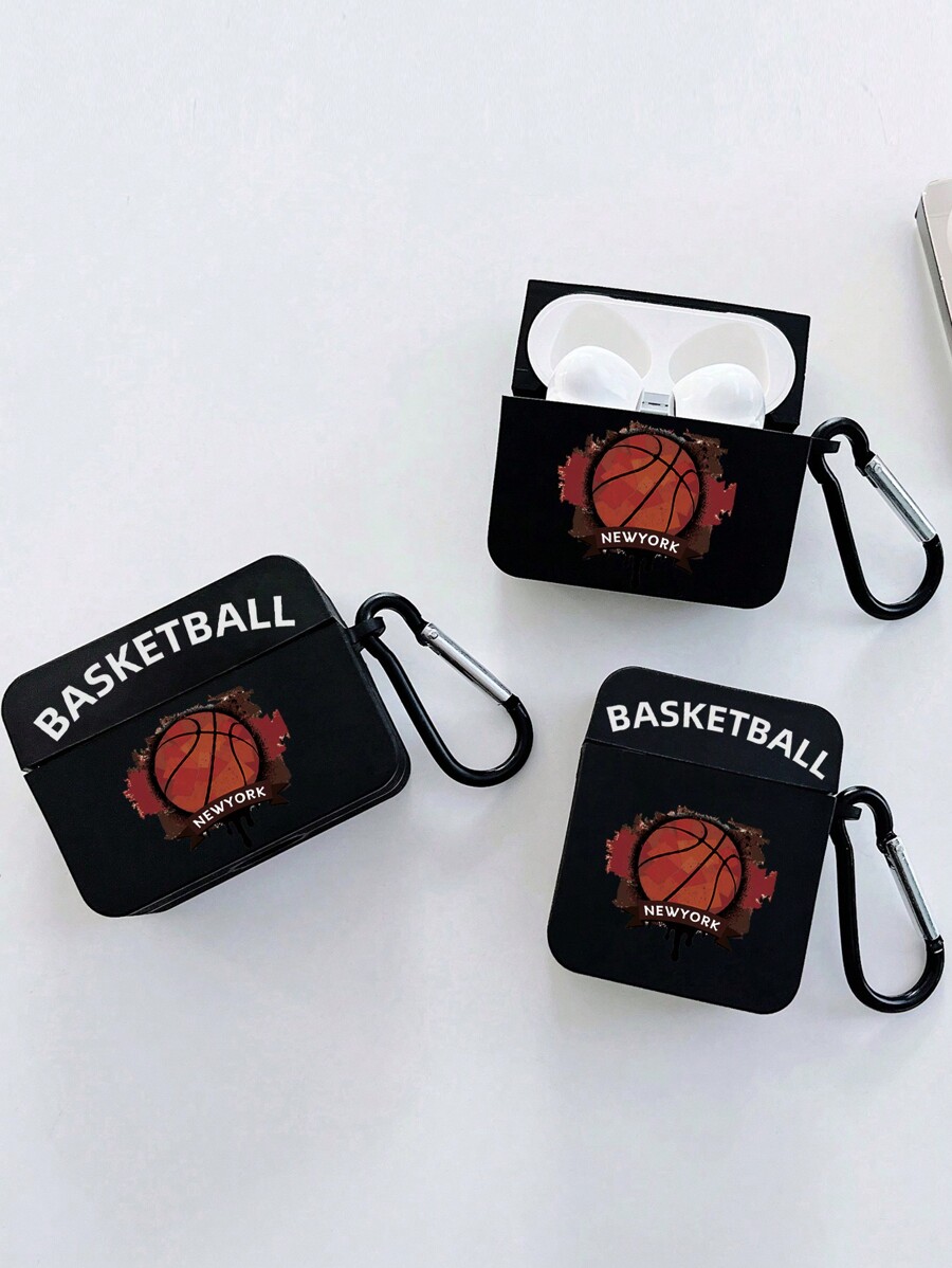 1pc Basketball Letter Printed Black Square Airpods Case With Hook ...