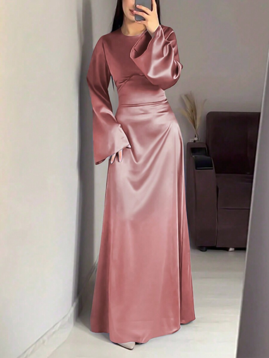 Women's Solid Color Round Neck Long Sleeve Minimalist Long Dress, Elegant Style | SHEIN USA