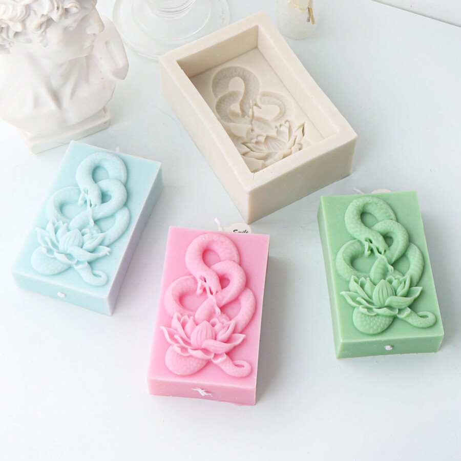 1PC Flat Relief Snake And Lotus Candle Silicone Mold DIY Square ...