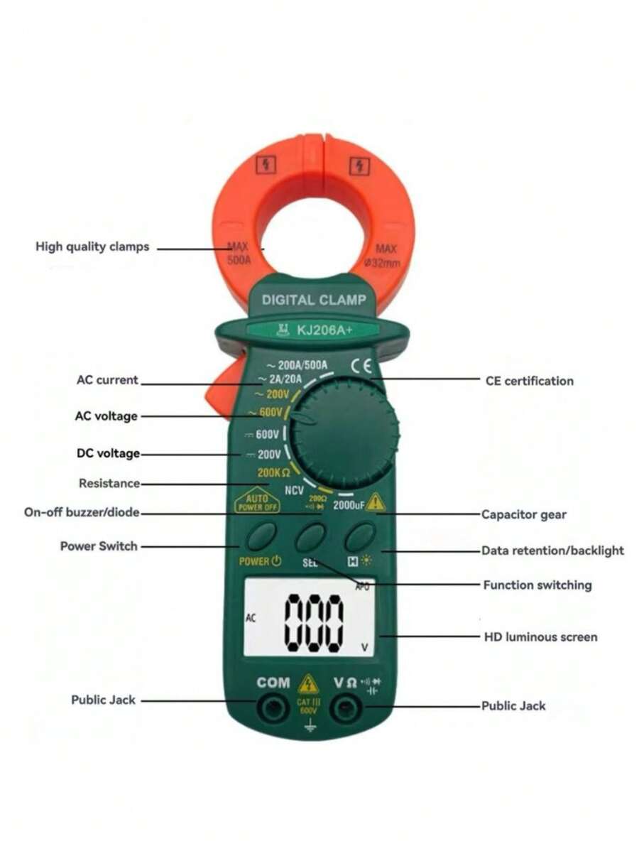 KJ206A+ Digital Clamp Meter, High Precision Clamp Multimeter, Compact ...