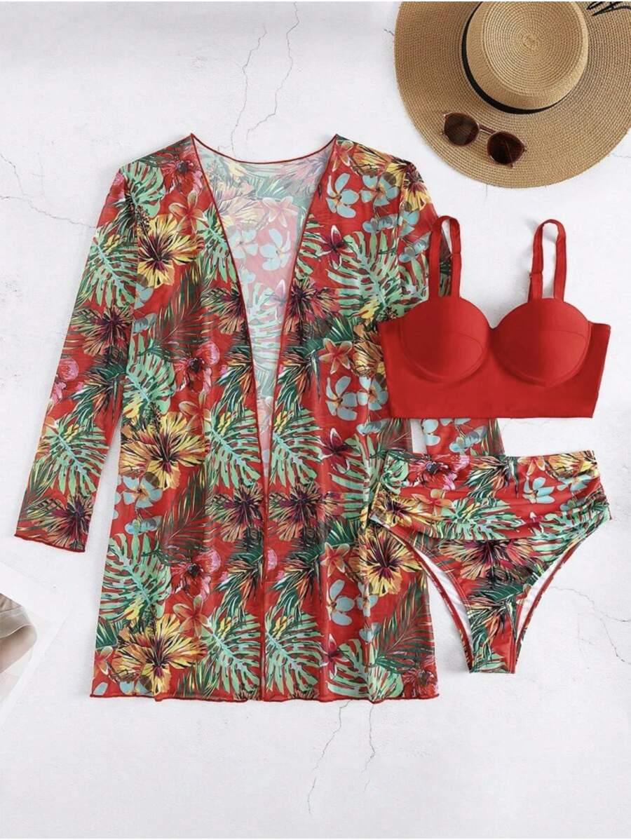 Women's Bikini Swimsuit Set + Kimono Beach Cover Up, 3 Bikini Sets With ...