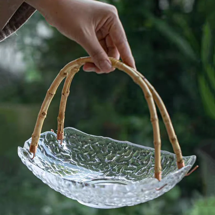 1pc Crystal Glass Fruit Tray With Bamboo Strips, Light Luxury ...