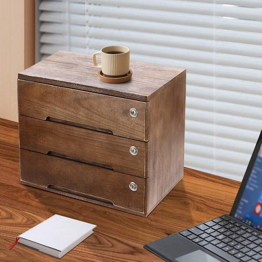 Rustic Wood Desktop Storage Box With Lockable Drawers 3 Tier Vintage ...