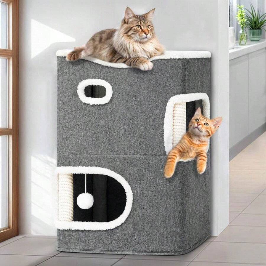 2 Storey Cat House, Cat Beds For Indoor Cats, Small Condo With Scratch ...
