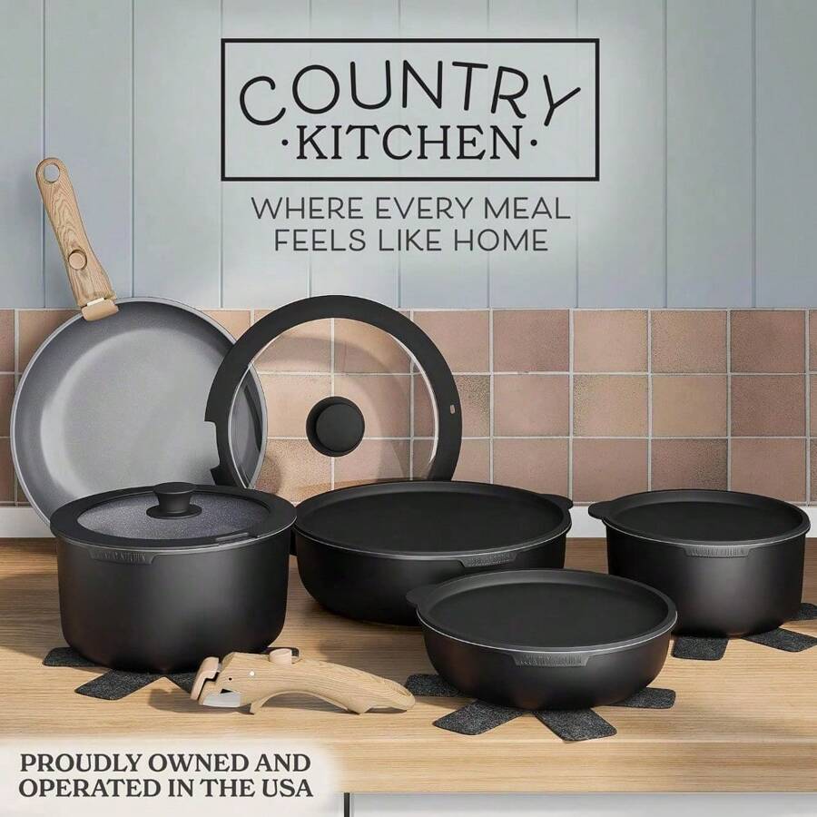 Country Kitchen Cookware Set With Removable Handle, Oven & RV Safe Pots And Pans Set, Cream ...