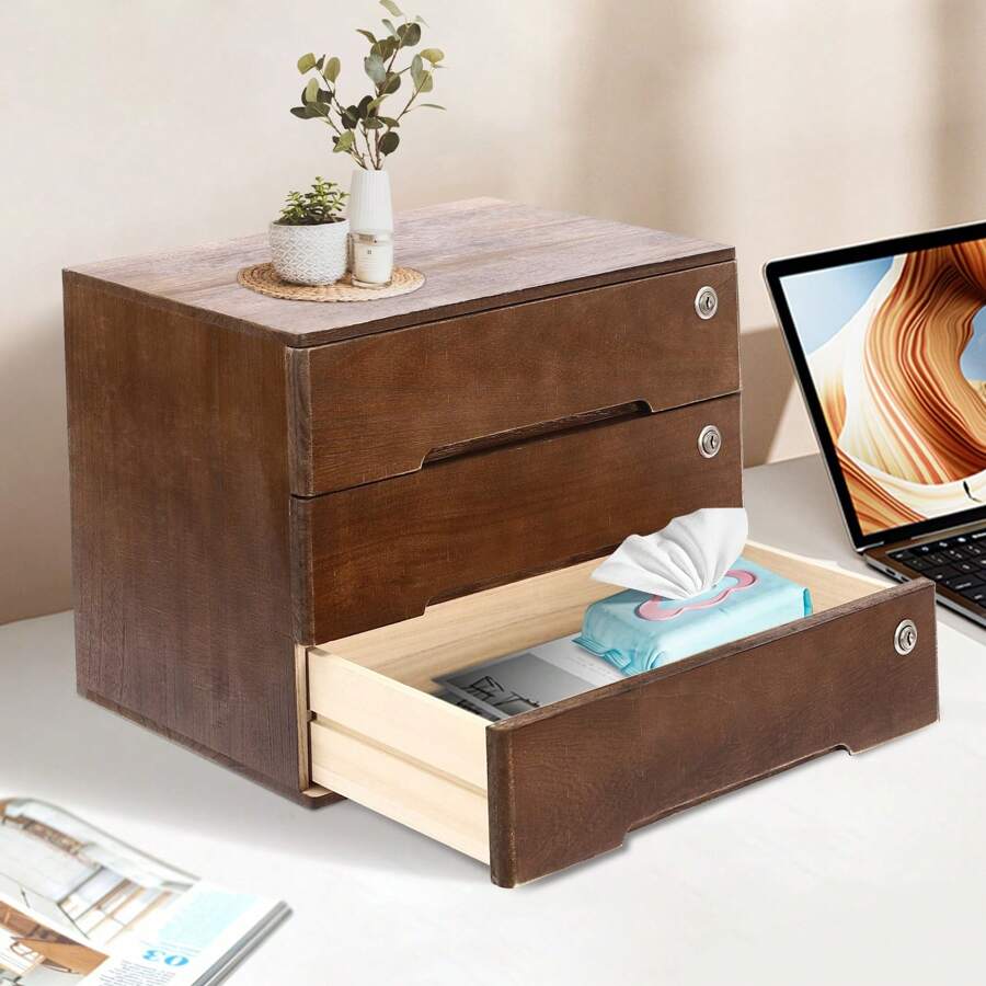 Rustic Wood Desktop Storage Box With Lockable Drawers 3 Tier Vintage ...