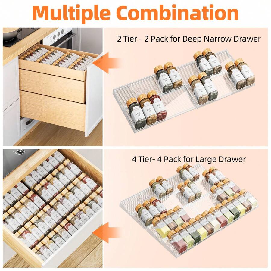 Spice Drawer Organizer, 4 Tier- 4 Packs Clear Acrylic Drawer Seasoning ...