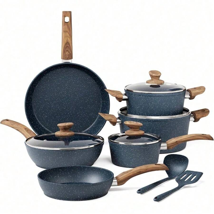 Kitchen Academy Induction Cookware Sets - 12 Piece Cooking Pan Set, Granite Black Nonstick Pots ...