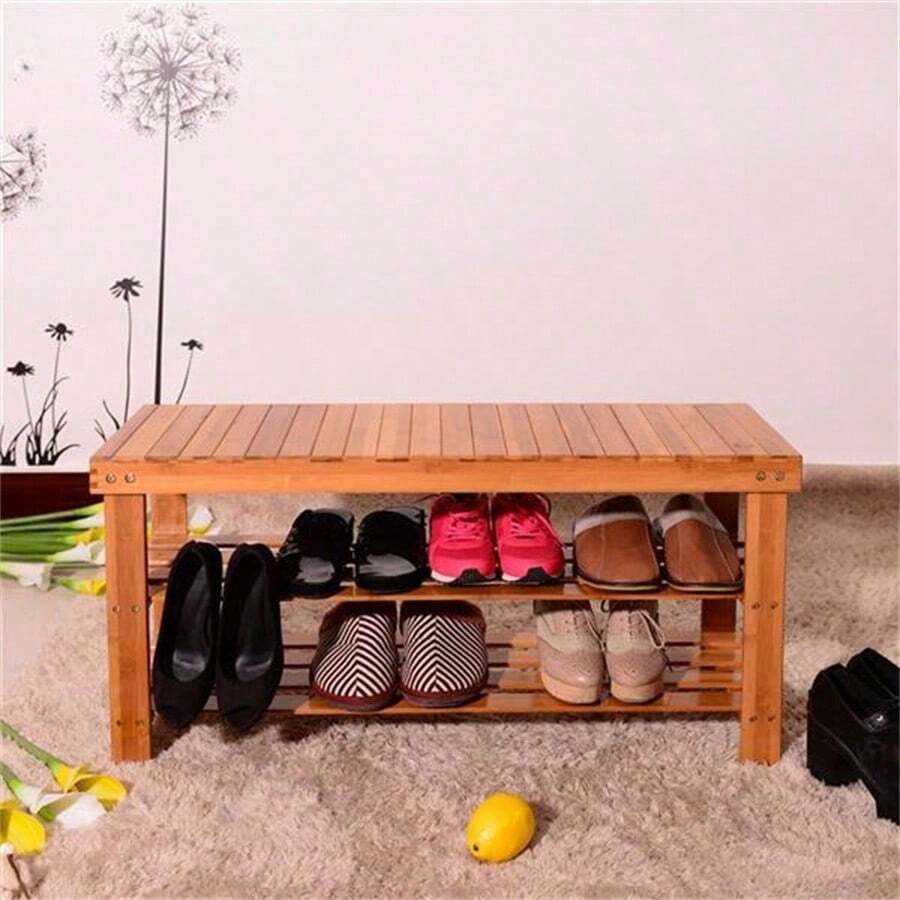 Wood Color 90cm Shoe Changing Stool And Shoe Rack Stool, Brown Entrance ...