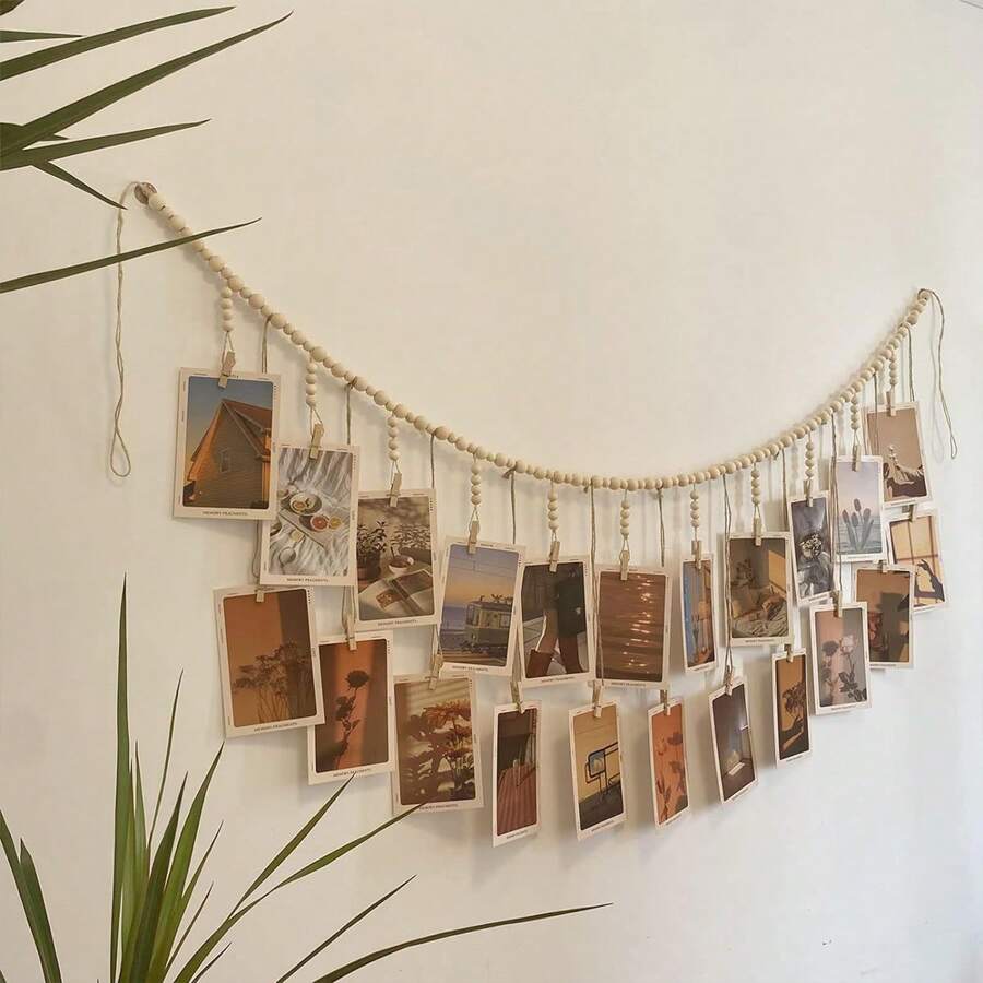 1 Hanging Picture Frame With 22 Clips, Bohemian Style Wood Beading ...