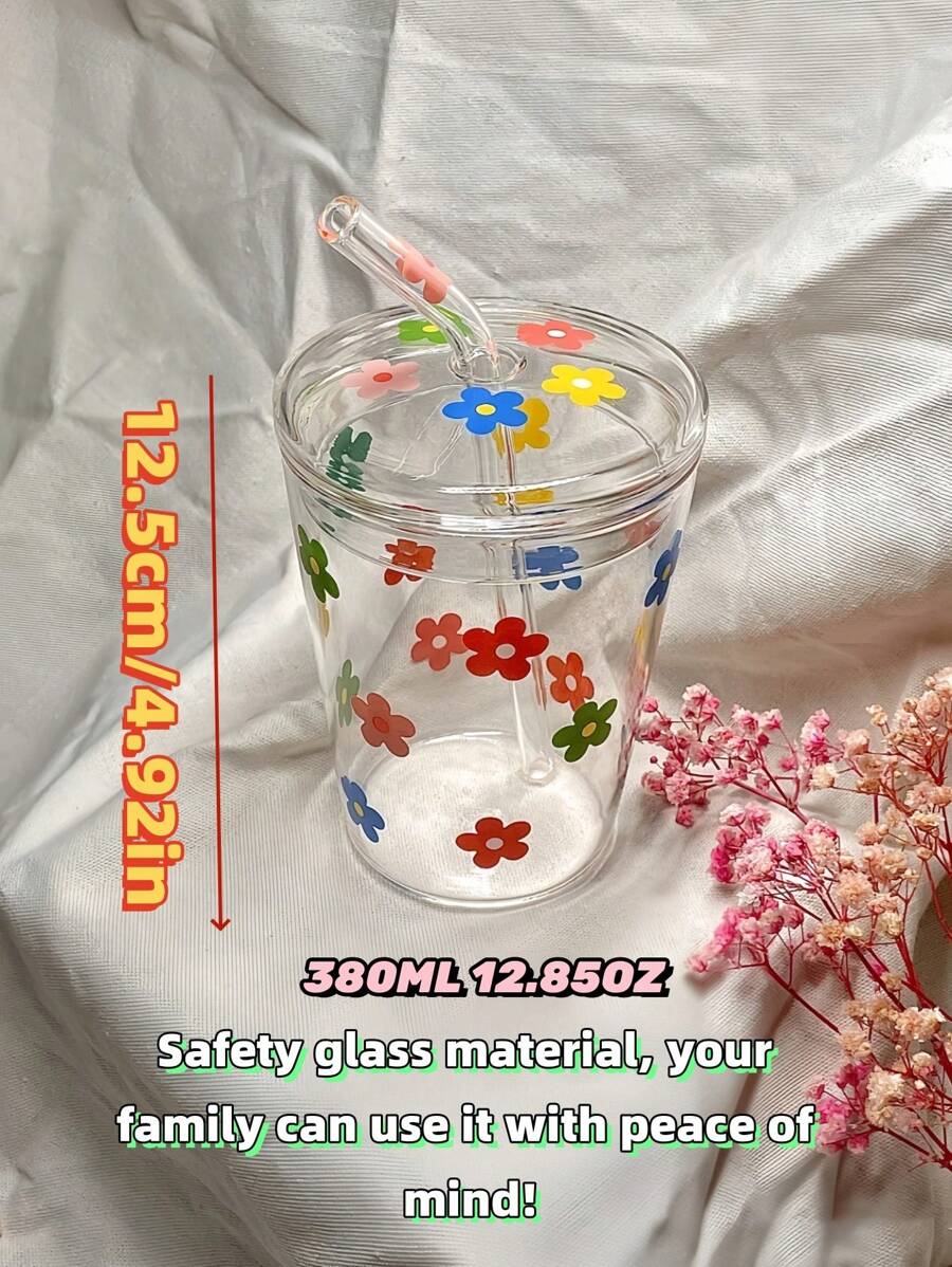 花びら仕様いちご柄ガラス製ストローカップ - 容量[380ml 12.85オンス] - ミルクティー用ストローカップ、コーヒー用ストローカップ | #SHEINfashionweek