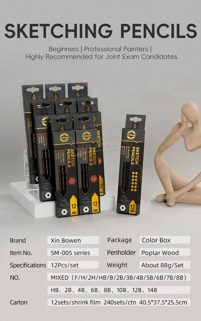 Juego de 12 lápices de dibujo profesionales negros Xin Bowen HB/2B/4B/6B/8B/10B/12B/14B, surtido ...