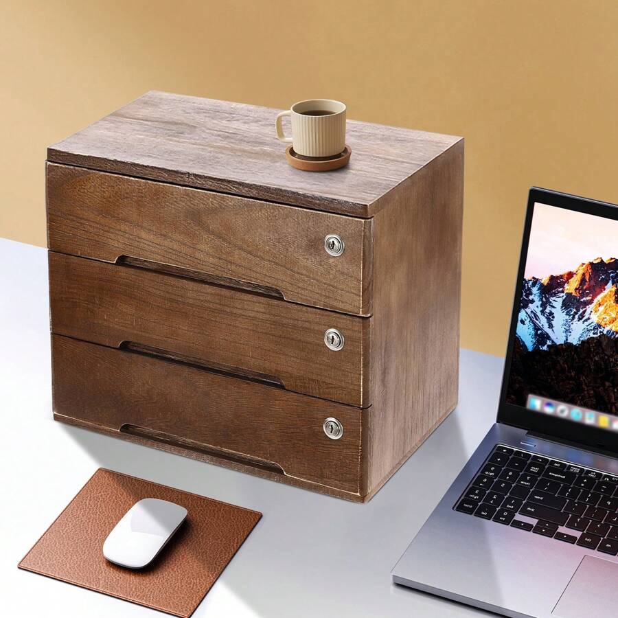 Rustic Wood Desktop Storage Box With Lockable Drawers 3 Tier Vintage ...