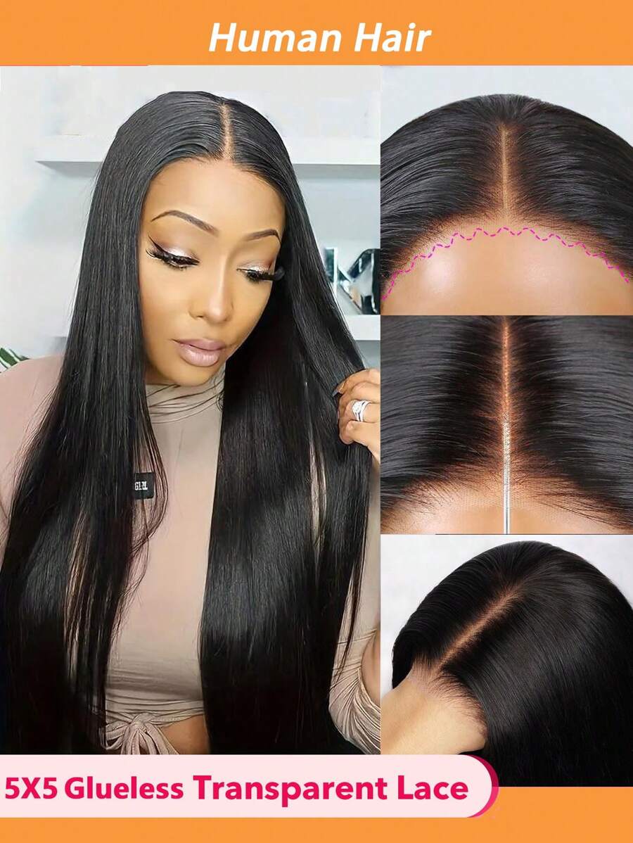 Straight 5x5 Glueless Lace Wigs Human Hair Transparent Lace Wig For ...