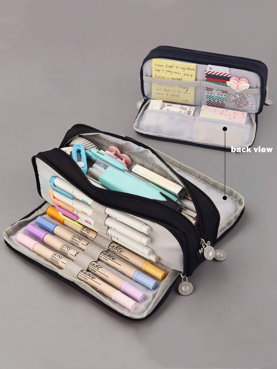 Angoo Dual-Side Open Pen Bag Pencil Case Solid Color 3 Compartments ...