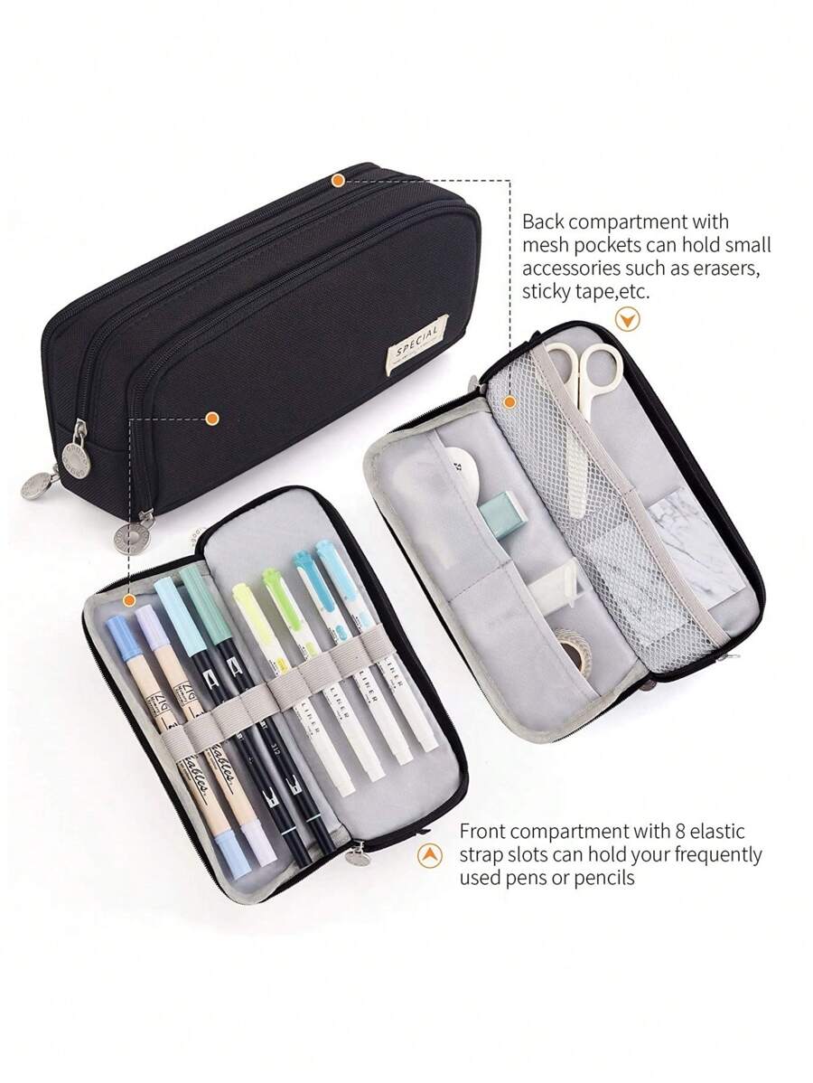 Angoo Dual-Side Open Pen Bag Pencil Case Solid Color 3 Compartments ...