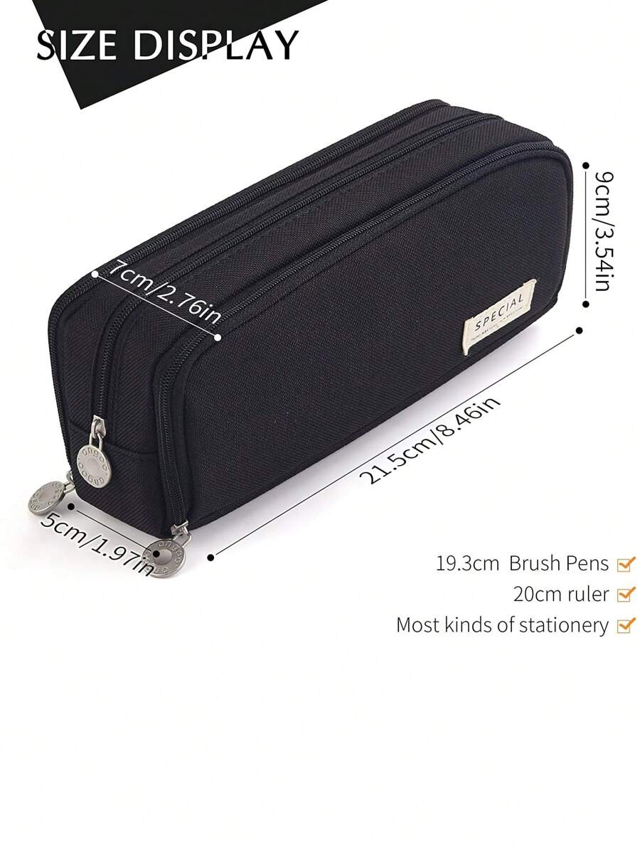 Angoo Dual-Side Open Pen Bag Pencil Case Solid Color 3 Compartments ...