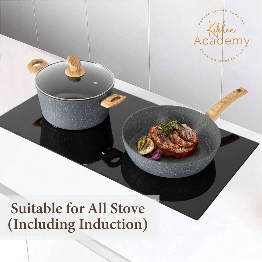 Kitchen Academy Induction Cookware Sets - 12 Piece Cooking Pan Set, Granite Black Nonstick Pots ...