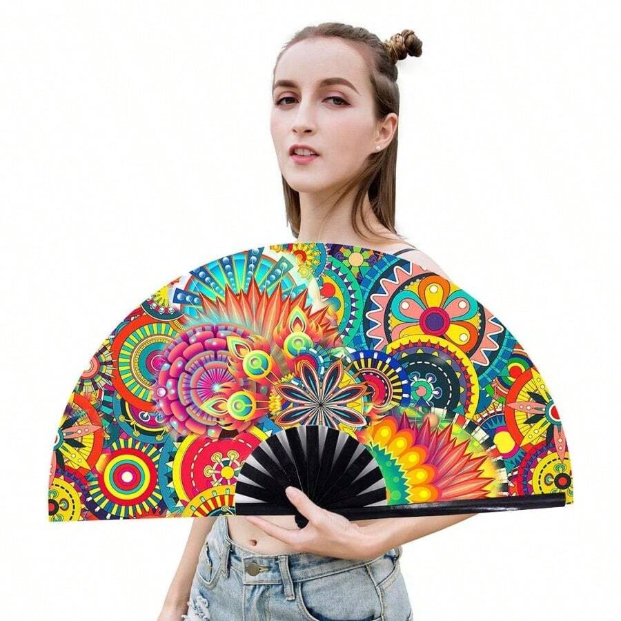 UV Glow Rave Fan, Bamboo Folding Clack Hand Fan For Men Women Best ...