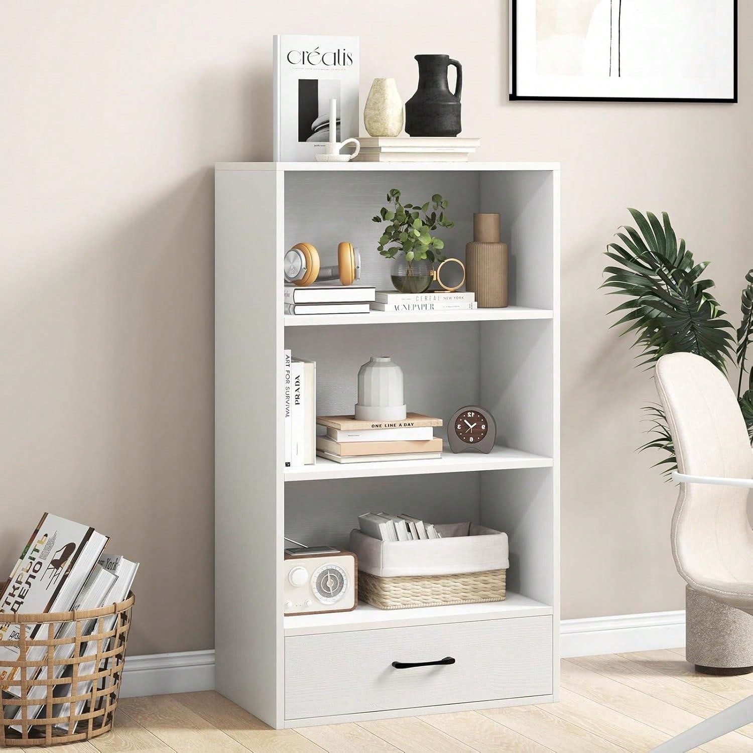 4-Tier Bookcase With Storage Drawer, Modern Tall Bookshelf With 3 Open ...