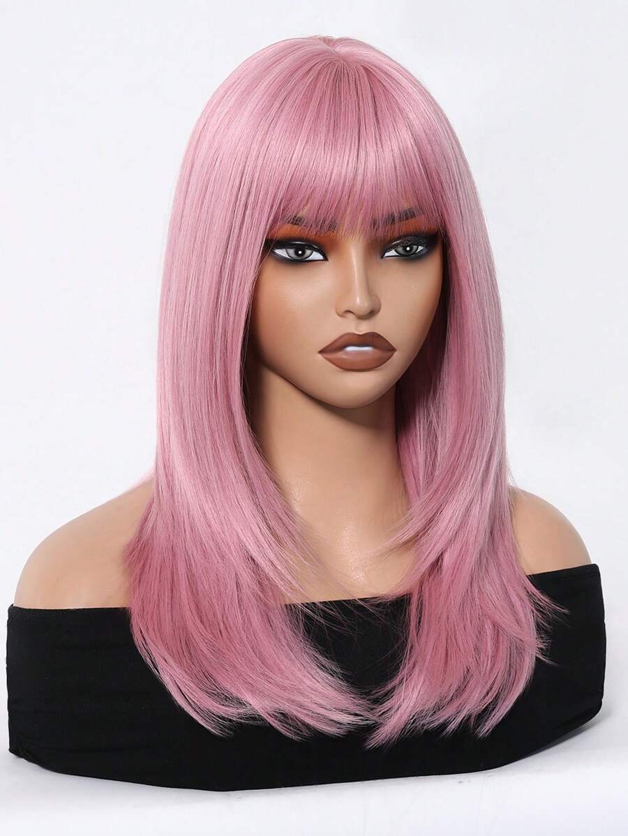 Peruca longa reta rosa com franja para mulheres 26 polegadas cabelo ...