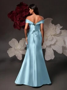 VIPGIRL Elegant Sky Blue Off-Shoulder Satin Dress With Draped Details ...
