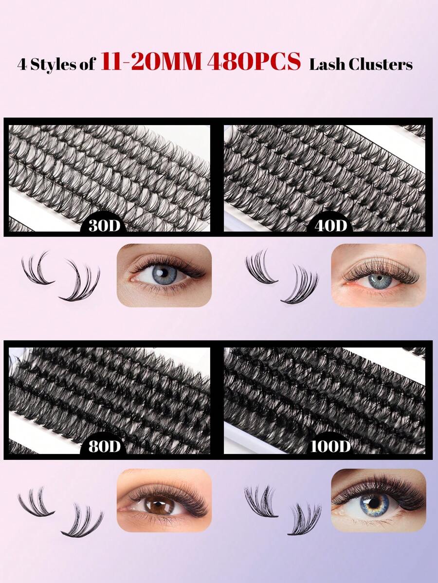 480 PCS D Curl Lash Clusters Kit 30D 40D 80D 100D DIY Lash Extension Kit 11-20mm Mixed Length ...