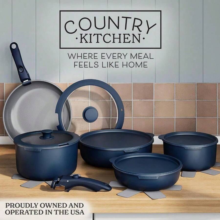 Country Kitchen Cookware Set With Removable Handle, Oven & RV Safe Pots ...