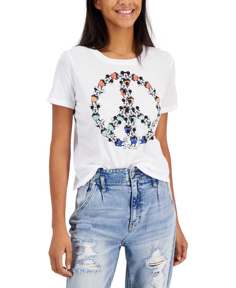 Juniors' Mickey Mouse Peace-Sign Graphic T-Shirt | SHEIN USA