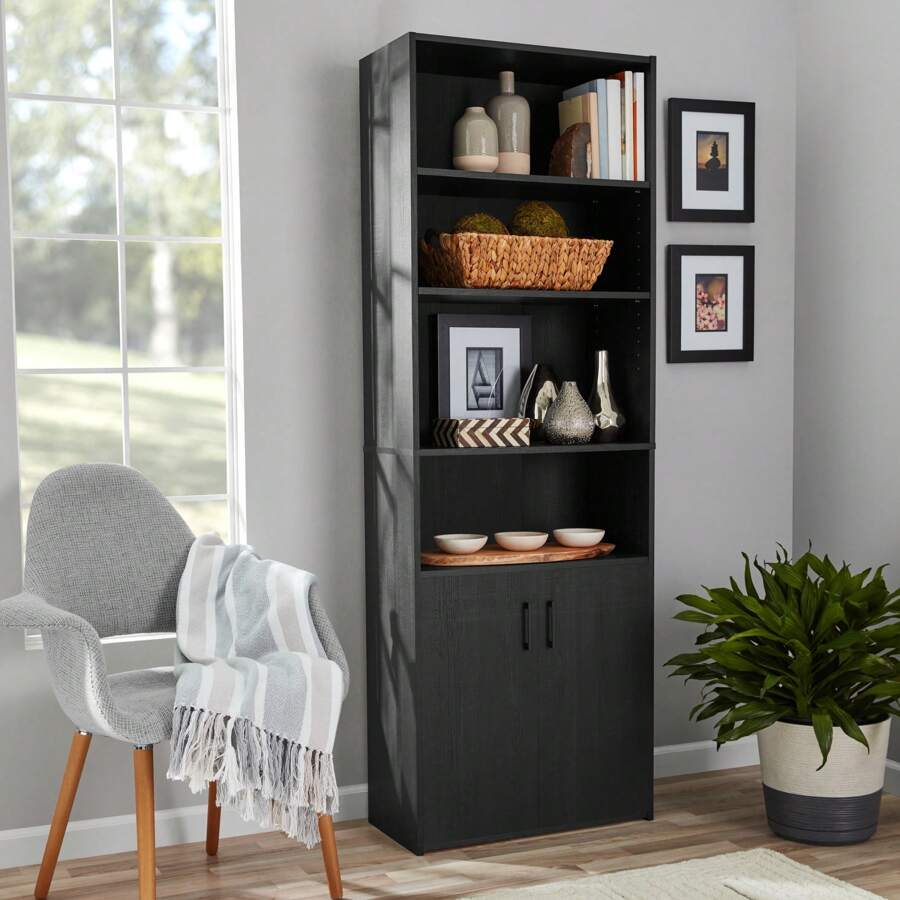 Mainstays Traditional 5 Shelf Bookcase With Doors, Black Finish | SHEIN USA