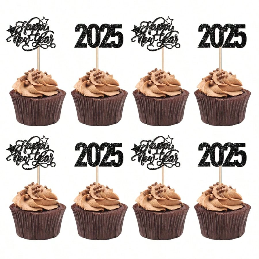 12pcs New Year Cupcake Toppers, 12pcs 2025 Cupcake Toppers, With 24 ...
