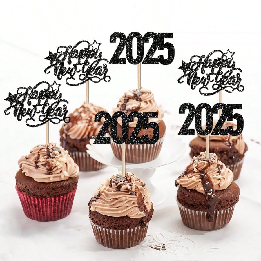 24pcs/Set 2025 New Year'S Eve Cupcake Toppers Glitter "Happy New Year ...