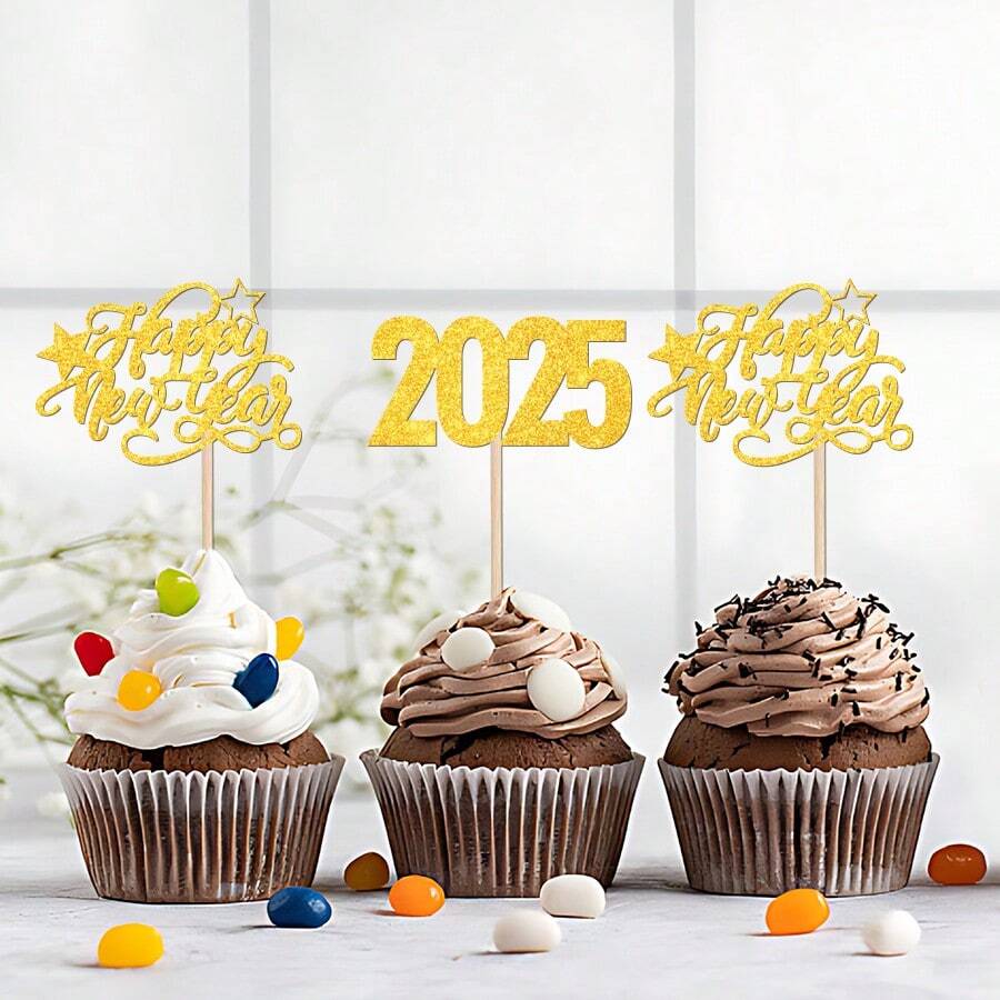 12pcs New Year Cupcake Toppers, 12pcs 2025 Cupcake Toppers, With 24 ...