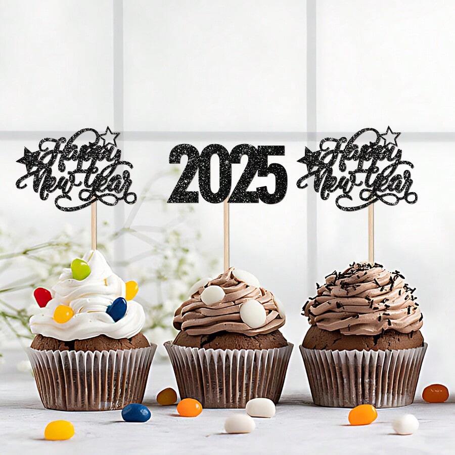 24pcs/Set 2025 New Year'S Eve Cupcake Toppers Glitter "Happy New Year ...
