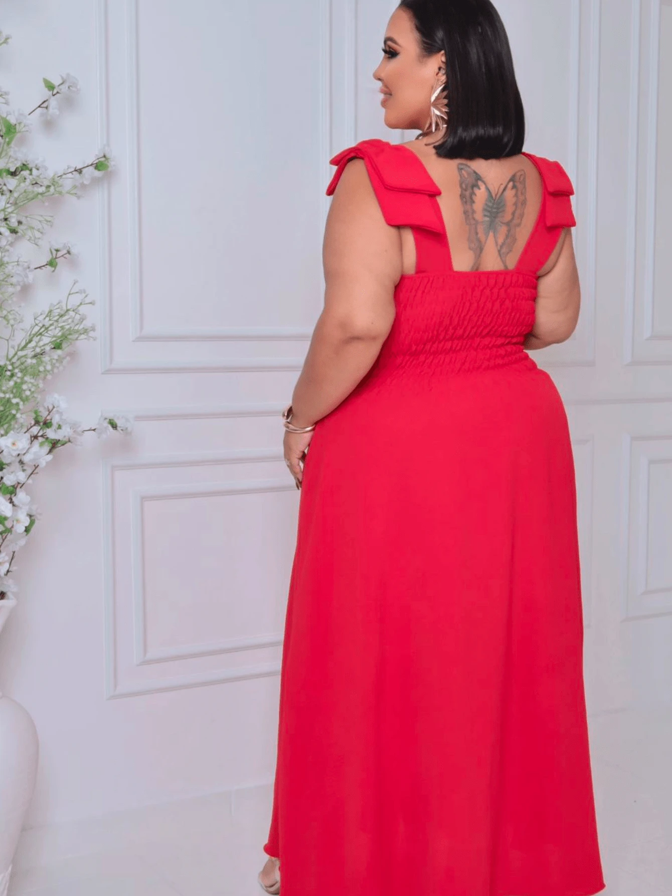 LONG PLUS SIZE DRESS WITH BOW ON THE STRAP AND ELASTIC AT THE WAIST END ...
