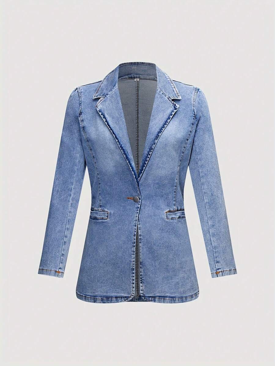 Women's Stretch Denim Jacket With A Single Button Long Sleeved Collar ...