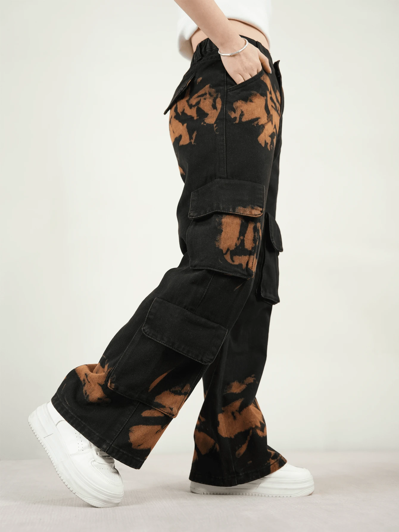 Loose Straight Leg Black Flame Print Cargo Jeans For Teenage Girls ...