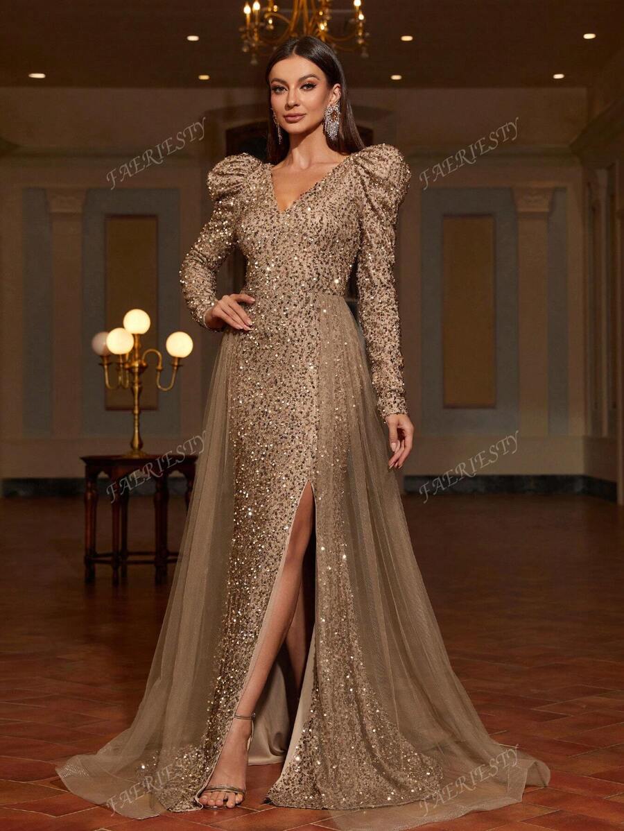 Faeriesty Gigot Sleeve Mesh Overlay Split Thigh Sequin Glittery Dress Elegant Long Sleeve Formal ...