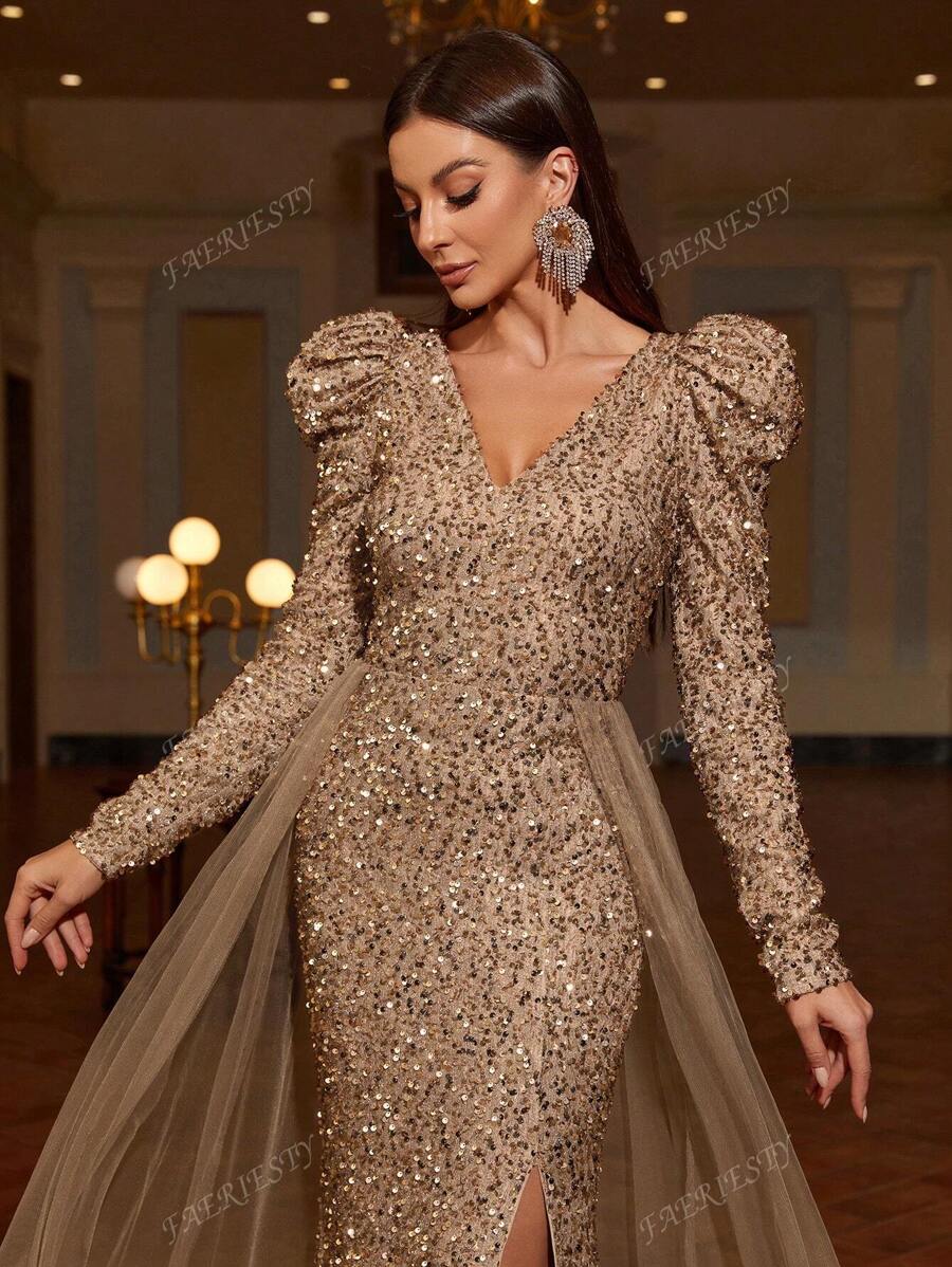 Faeriesty Gigot Sleeve Mesh Overlay Split Thigh Sequin Glittery Dress Elegant Long Sleeve Formal ...