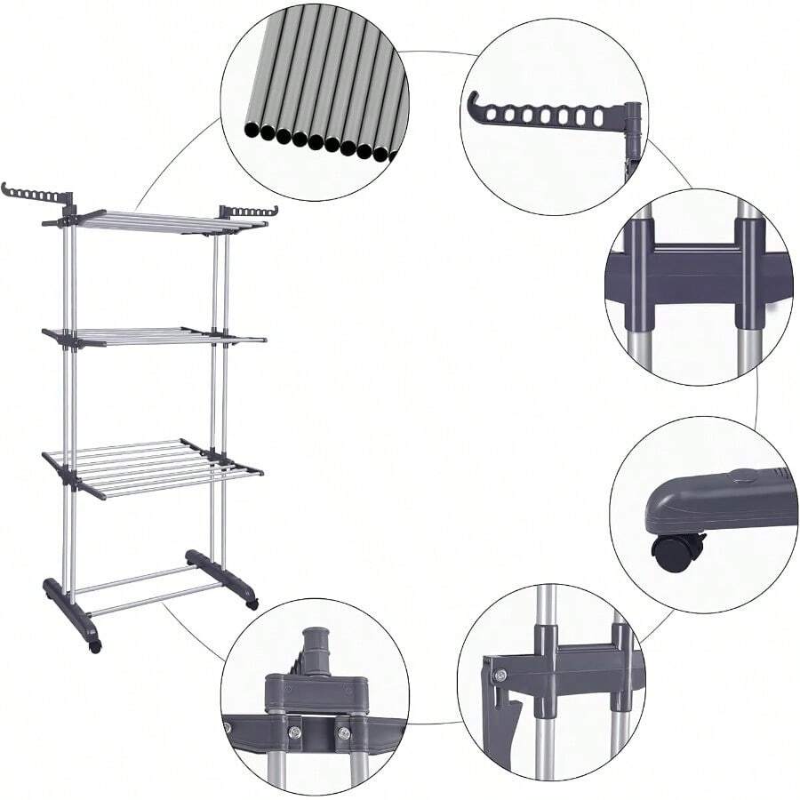 Clothes Drying Rack 4 Tier Foldable Rolling Stainless Laundry Dryer ...