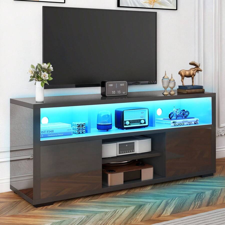 Dextrus High Gloss TV Stand With LED Ambient Lights, Modern TV Stand ...