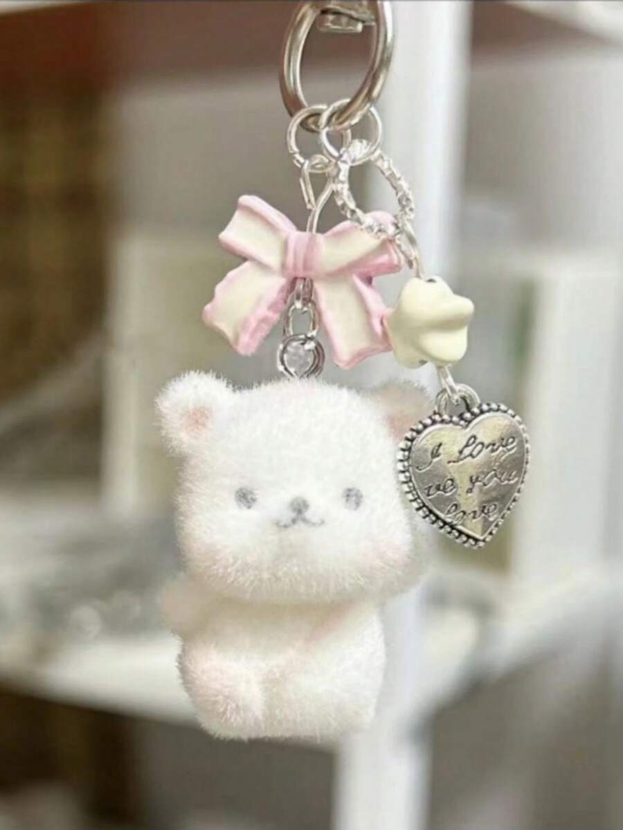 1pc Unisex Cartoon Flocked Small Bear Keychain, Cute Bowknot, Heart ...
