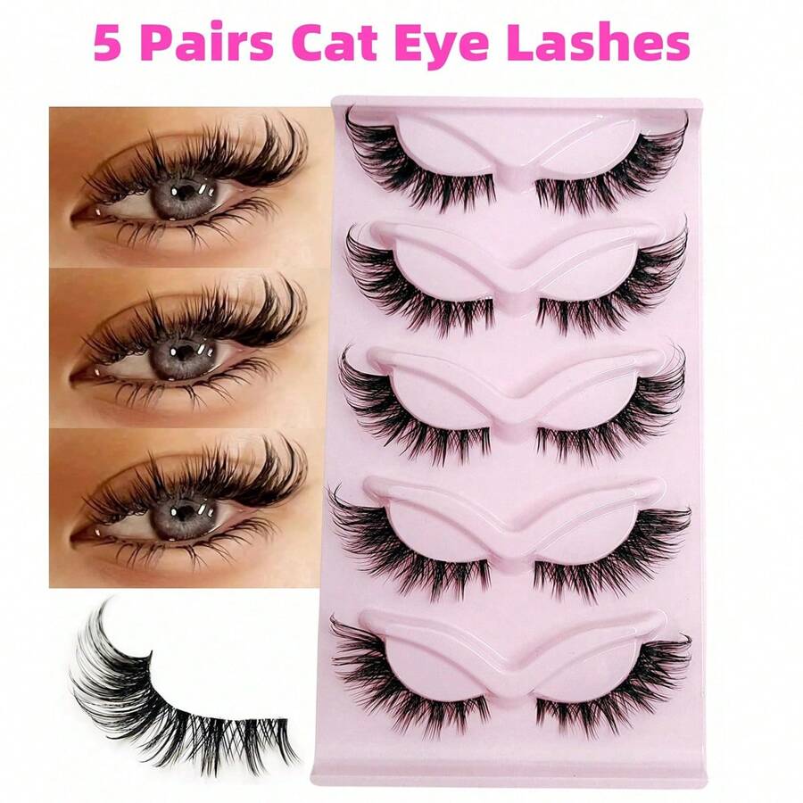 5 Pairs Cat Eye Eyelashes Transparent Band Natural Fluffy False Lashes ...