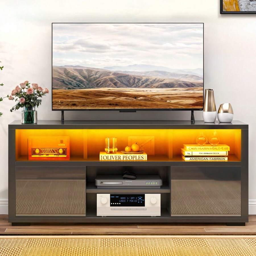 Dextrus High Gloss TV Stand With LED Ambient Lights, Modern TV Stand ...