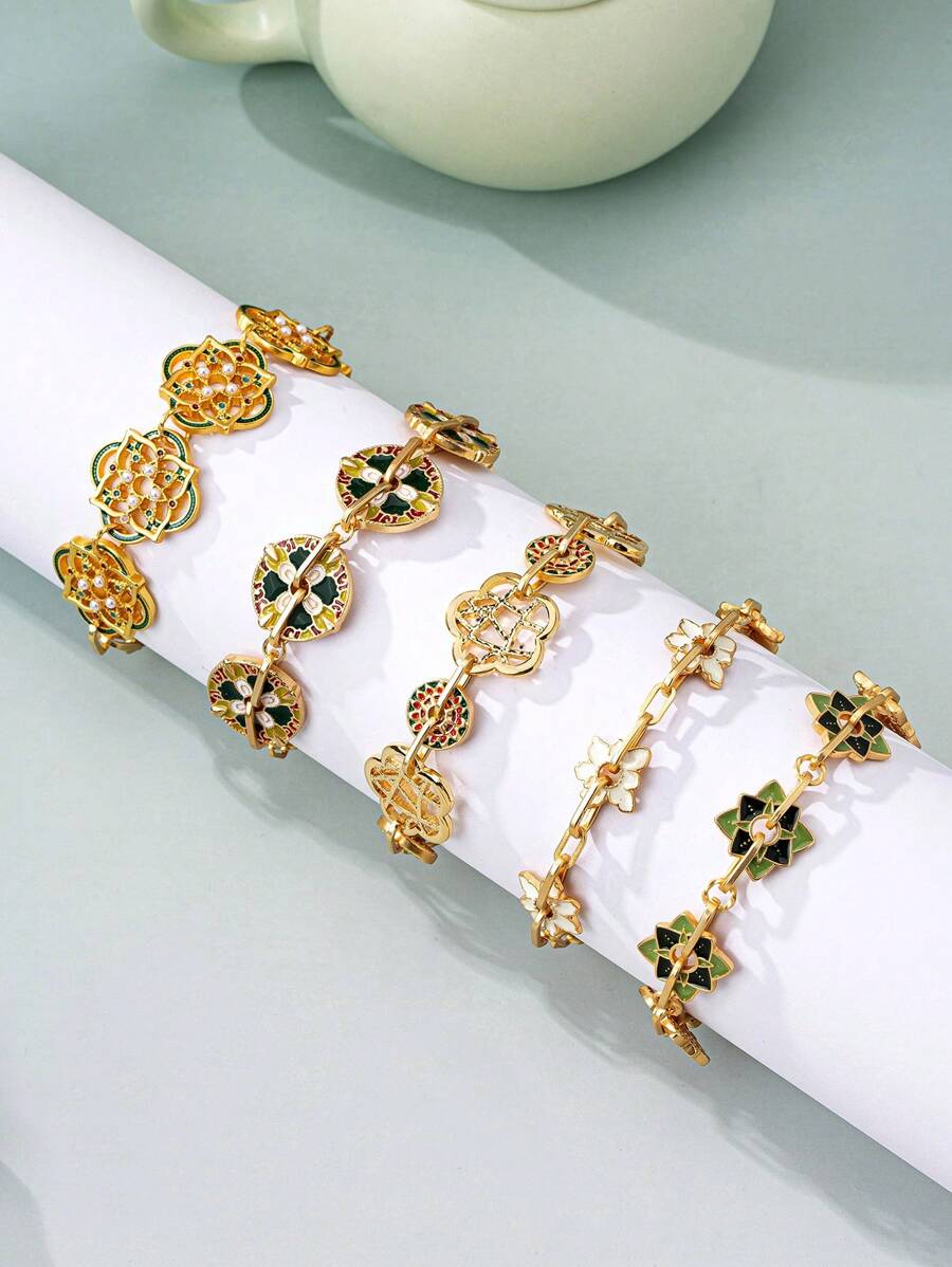 1pc Traditional Craft 24K Gold Plated Enamel Clover Chain Bracelet, New ...