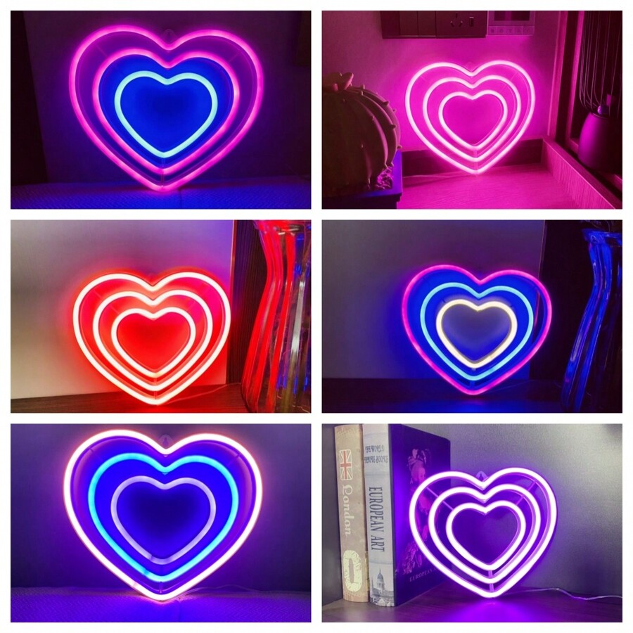 1pcs Multi-Color Tri-Hoop Heart Shaped LED Light, Battery/USB Powered ...